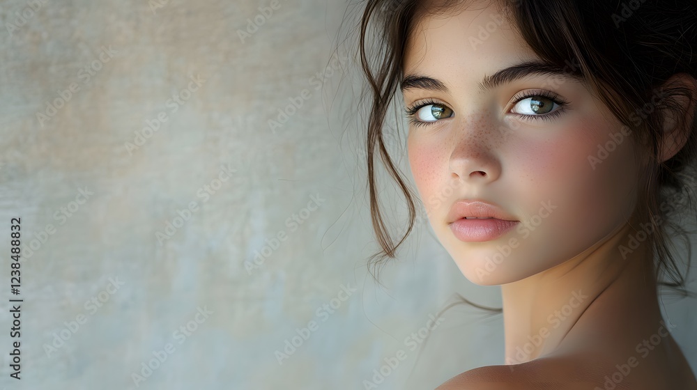 Beautiful young woman portrait soft skin gentle makeup girl face eyes ...