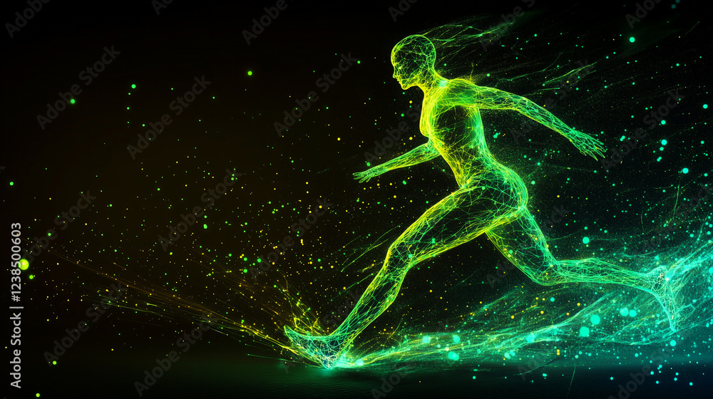 Futuristic neon wireframe figure in dynamic running motion representing ...