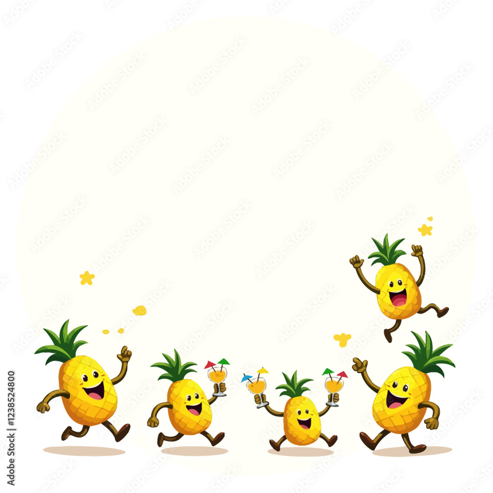 Set of cute and funny pineapple characters with happy faces, running ...