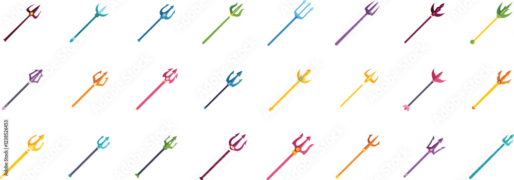 Collection of stylized tridents in various colors, symbolizing strength ...