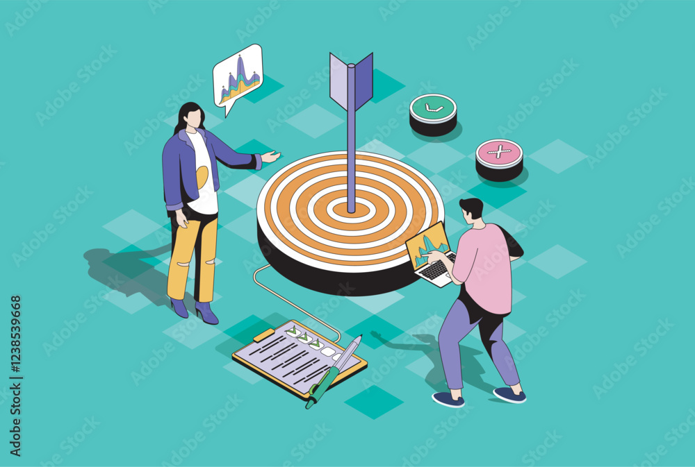 Focus group web concept in 3d isometric graphic design. Isometry people ...