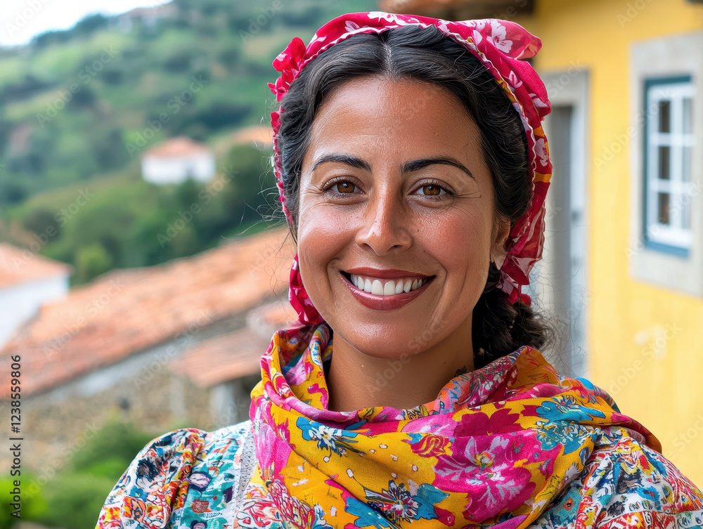 Woman in traditional Portuguese dress stands in the countryside in ...