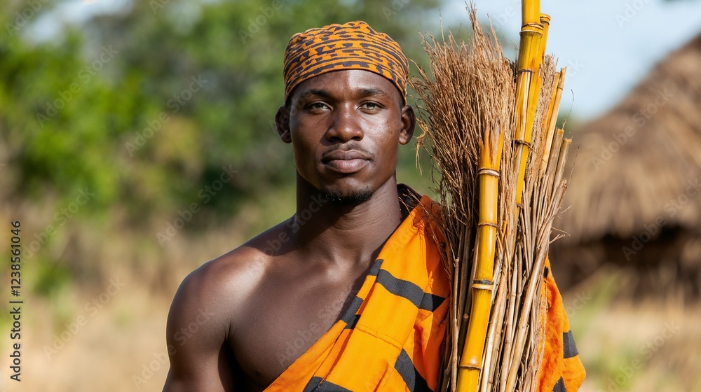 African tribesman with traditional tools in rural setting. Represents ...
