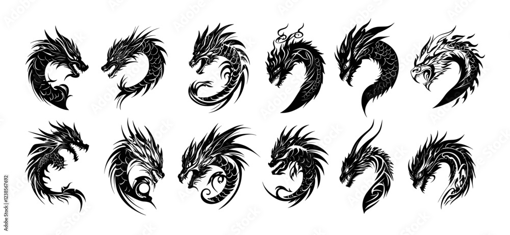Dragons heads black ink sketch vector set. Wyrm fantasy drake lizard ...