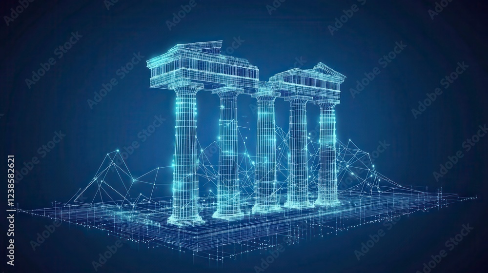 Abstract digital rendering of three glowing blue pillars on a dark ...