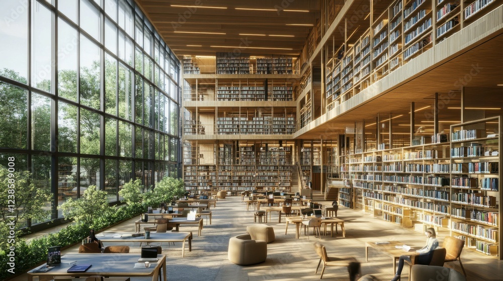 Large open space library with towering bookshelves, multiple study ...