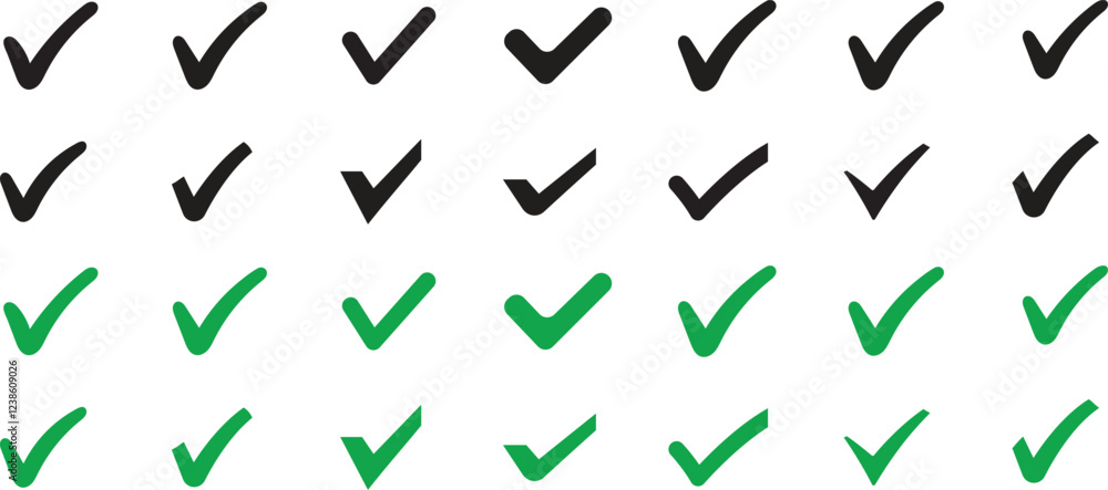 Black and green check mark icon set, Check mark icons collection. hand-drawn checkmark ...