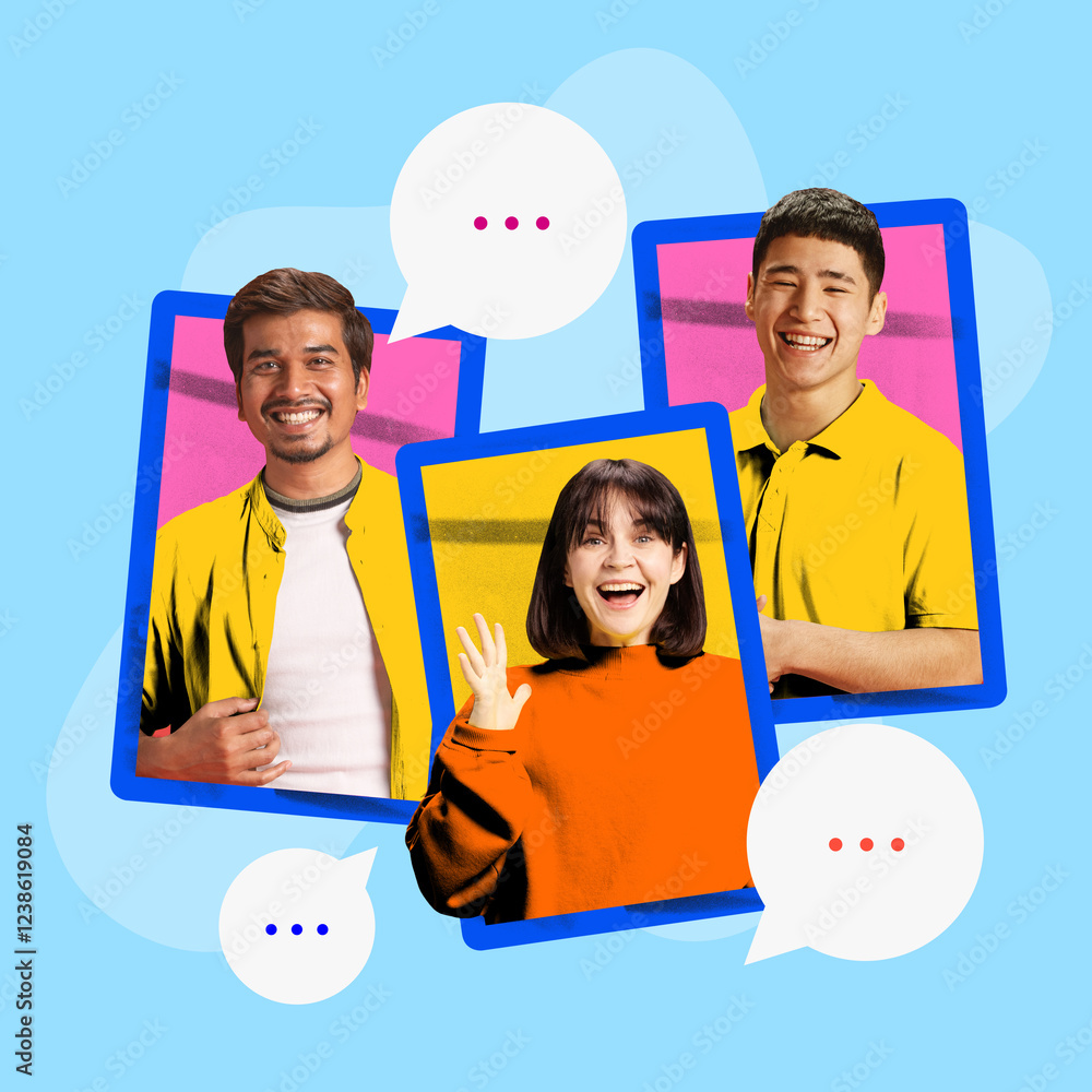 Three young people in chat frames exchanging messages. Virtual ...