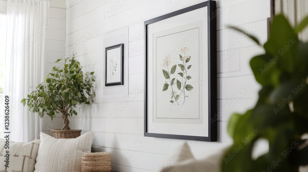 Black rectangular frame on a classic white shiplap wall, styled in a ...