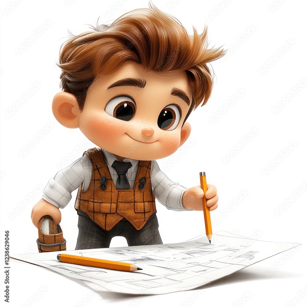 Cute cartoon boy architect drawing blueprints. Stock Illustration ...