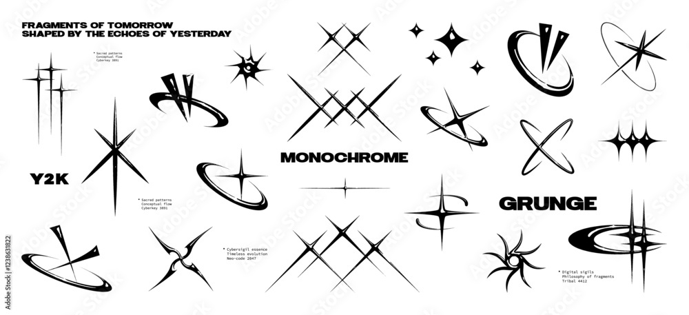 Monochrome gothic brutalism stars, traces, seals, runes, symbols ...