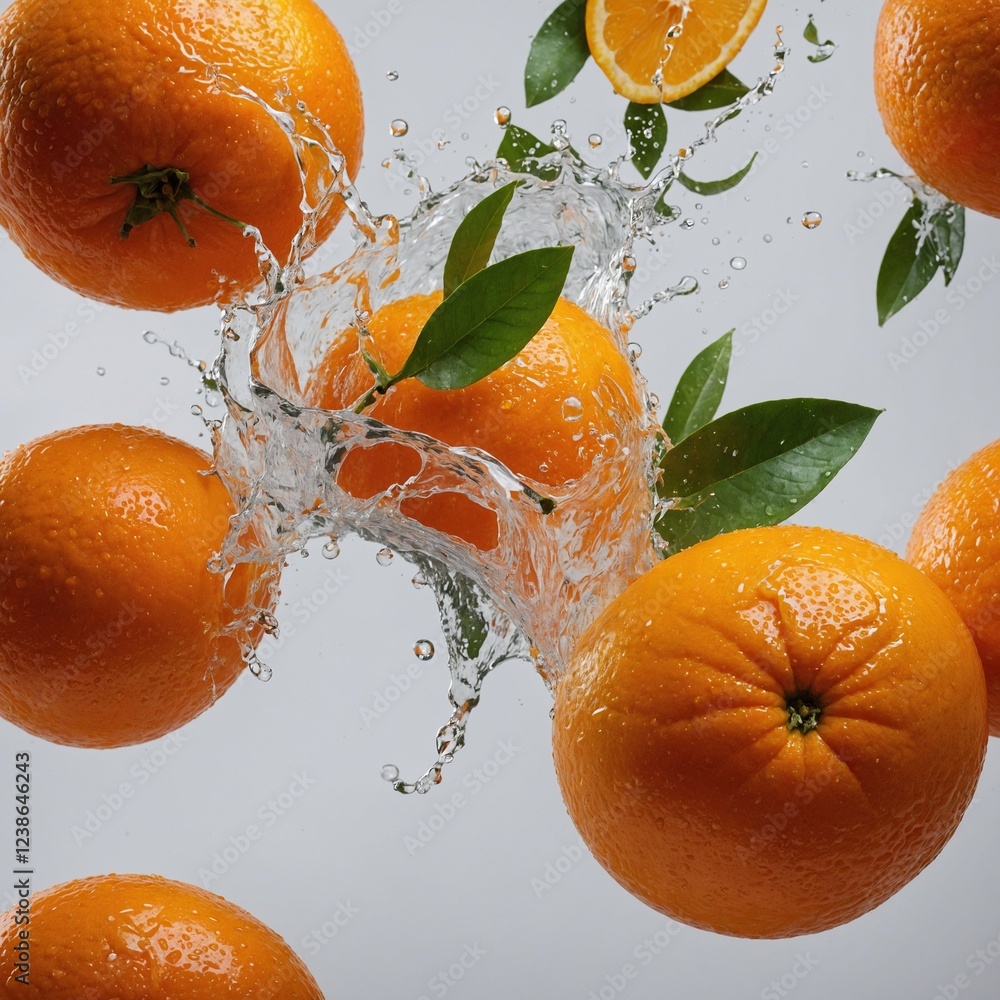 "Two beautiful, fresh oranges with a vibrant splash of juice against a ...