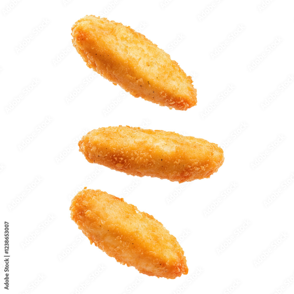 Three golden brown crispy chicken nuggets falling isolated on png ...