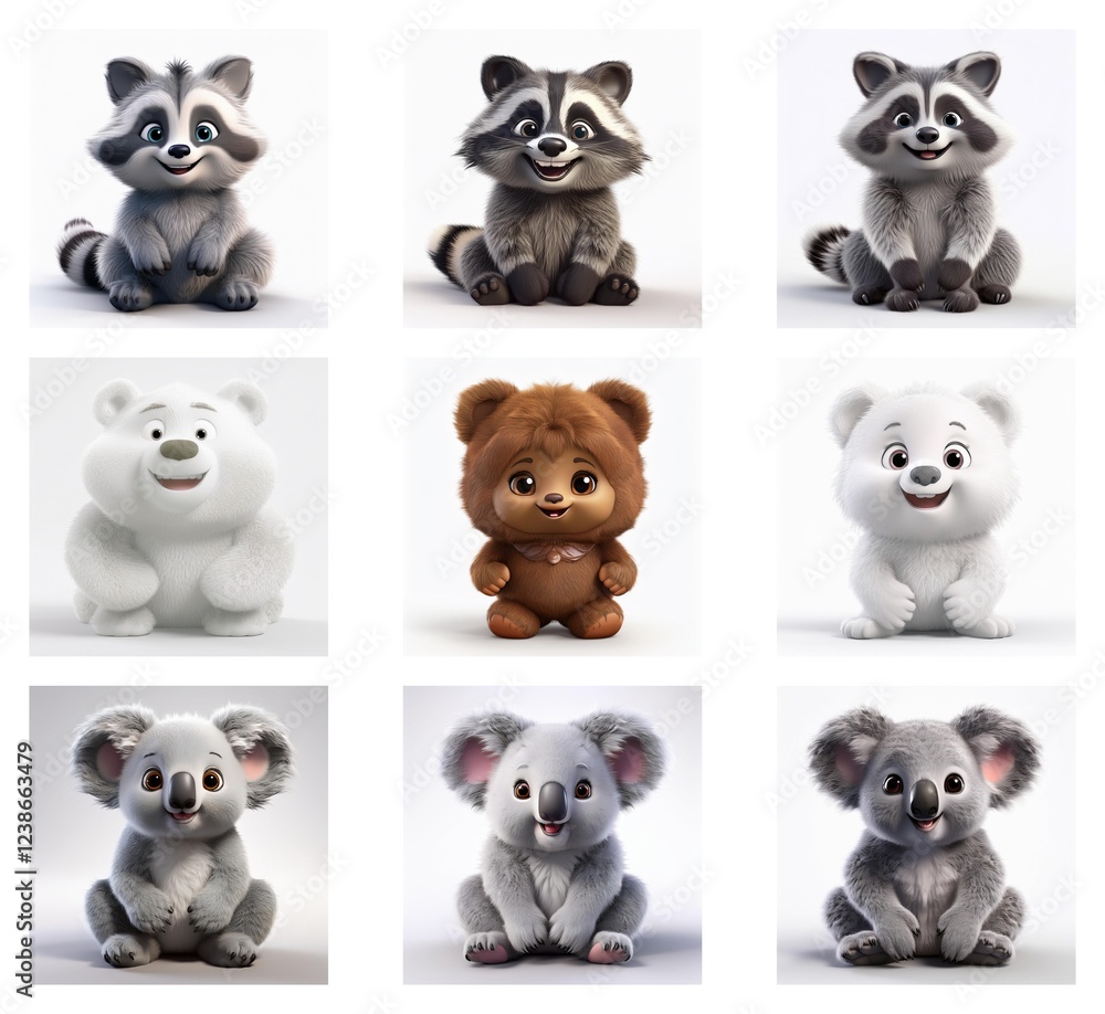 Nine adorable cartoon animals: raccoons, polar bears, koalas, and a ...