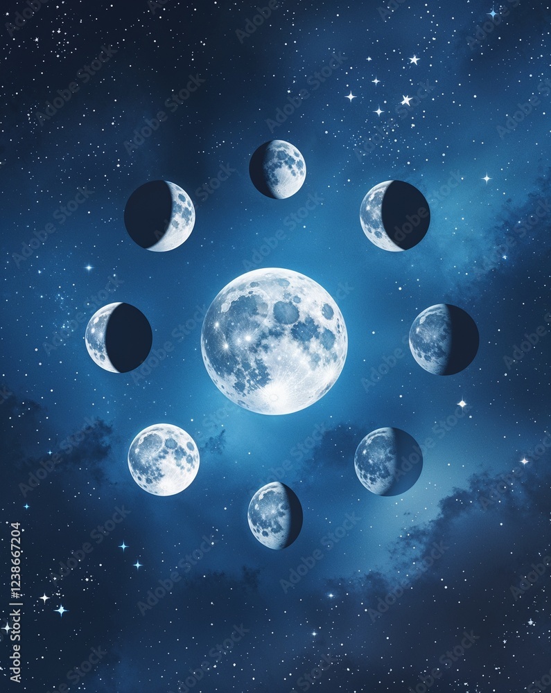 Soft blue with floating moon phases and delicate starlight abstract ...