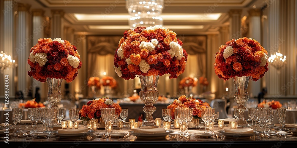 Elegant floral arrangements adorn a beautifully set table for a grand ...