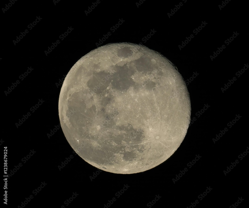 Waning gibbous moon glowing in the crisp winter night sky, surrounded by stars and a serene ...