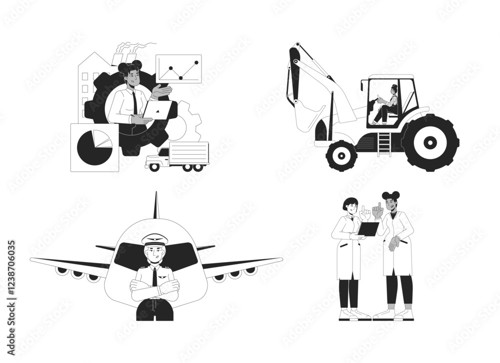 Empowering women in workplace linear illustrations set. Logistics ...