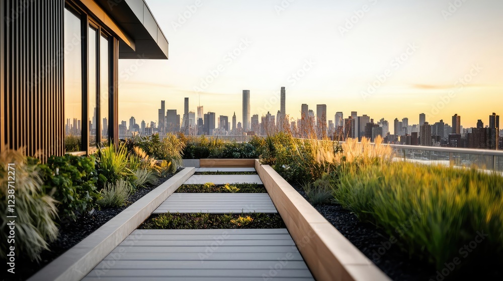 Extreme weather climate change idea. A modern rooftop garden with city ...