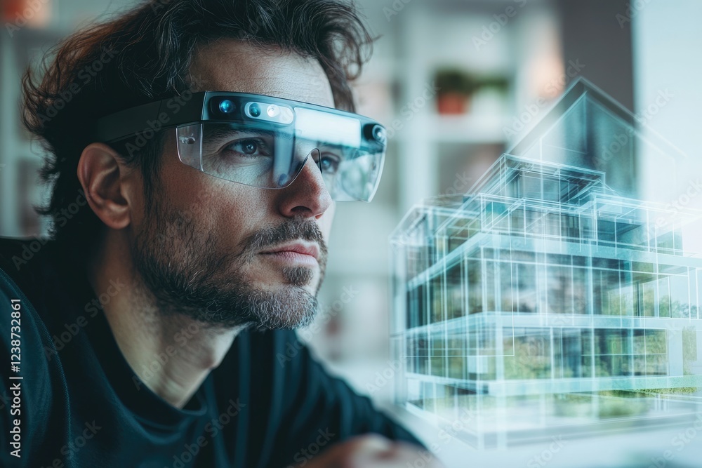 Man using AR glasses to visualize a 3D model of a house, showcasing ...