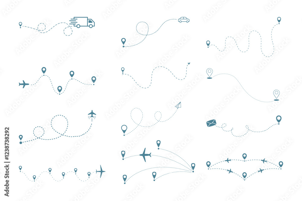 Route icon between two points with dotted path and location pin. Location pointer continuous one ...