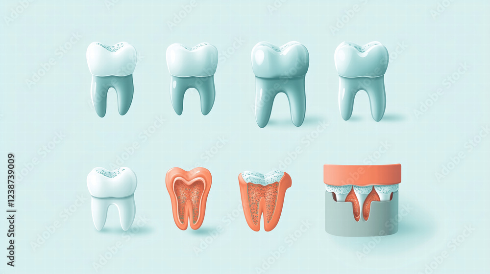 3D style tooth illustrations showing different types of teeth with ...