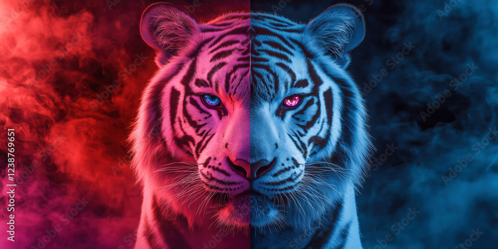 Symmetrical portrait of a white tiger with a dual-tone red and blue ...
