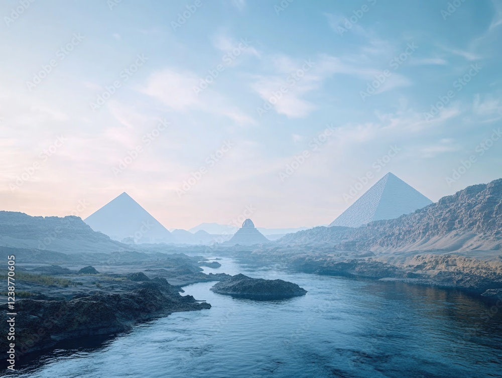 Historic scenery at sunset featuring ancient Egyptian structures along ...