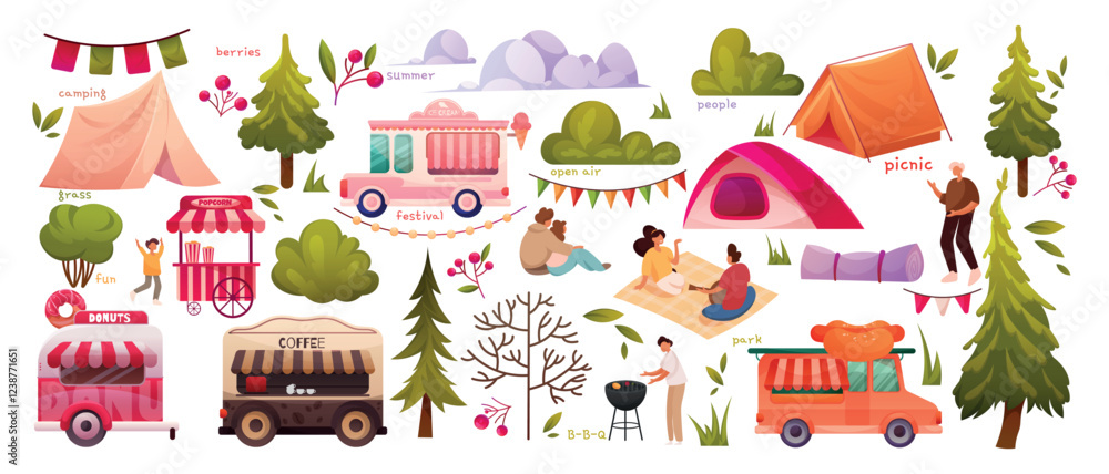 Camp festival. Summer tree, hike and tent, fun park event with food and ...