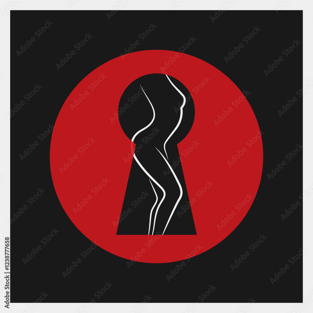 Beautiful naked girl. Naked pinup woman in keyhole. Peeped through the keyhole. Erotic vector ...