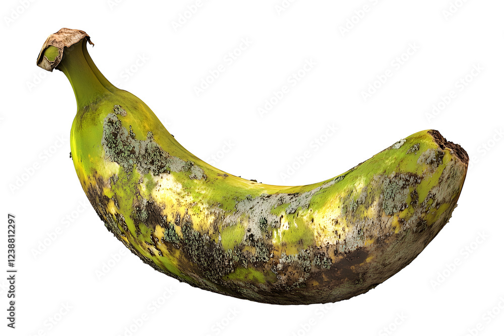 Moldy banana showing signs of spoilage and decay, a close-up studio ...
