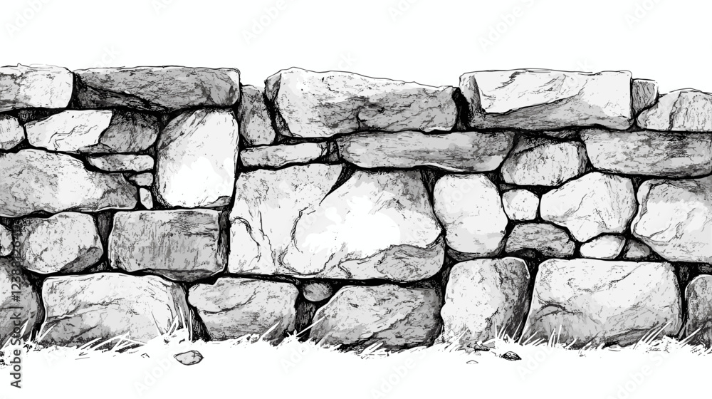 Vector de Stock Outline drawing brick and stone wall fence texture ...