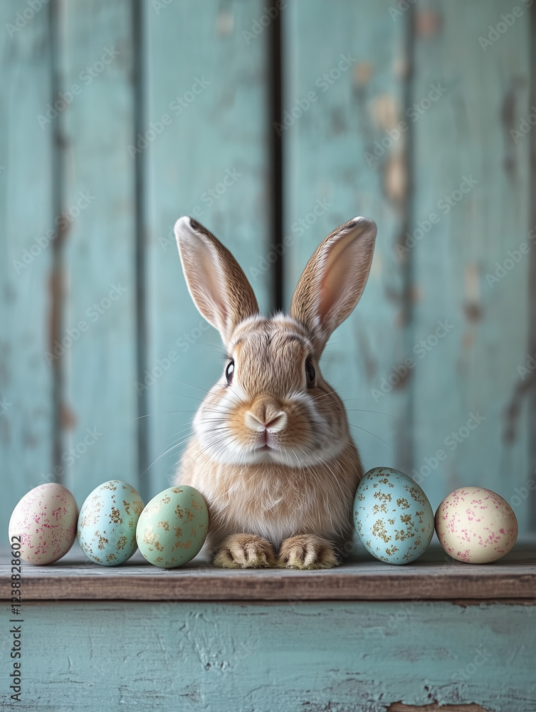 Esther rabbit with eggs and flowers on blue turquoise background ...