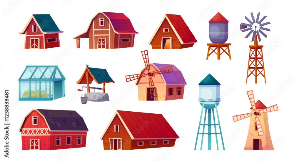 Cartoon farm buildings. Rustic houses, agricultural building village ...