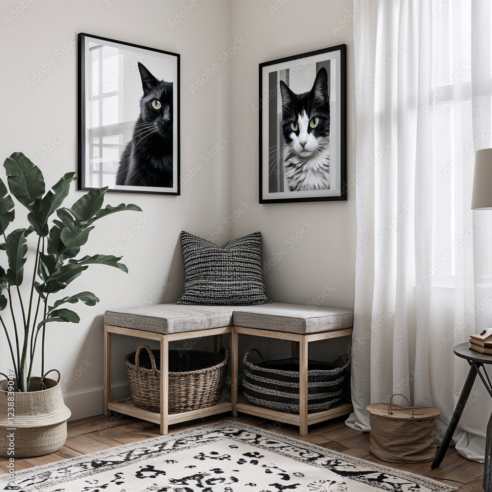 Cat corner area black and white on plain white background Stock ...