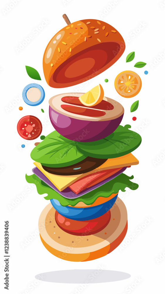 Colorful Cartoon Burger Exploded View Floating Ingredients Vibrant ...