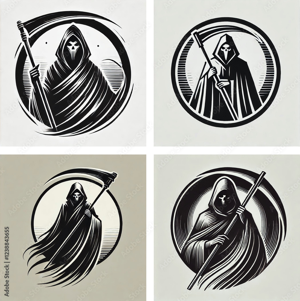 A cloaked figure of a reaper stands in front of a circular background ...