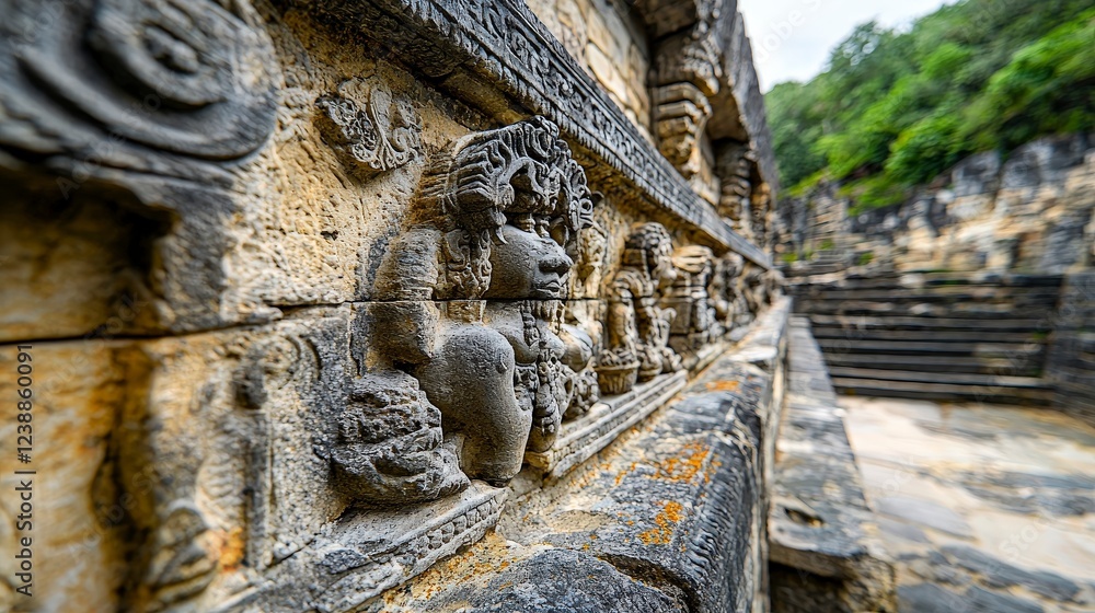 Ancient stone carvings historical temple detail shot outdoor setting ...