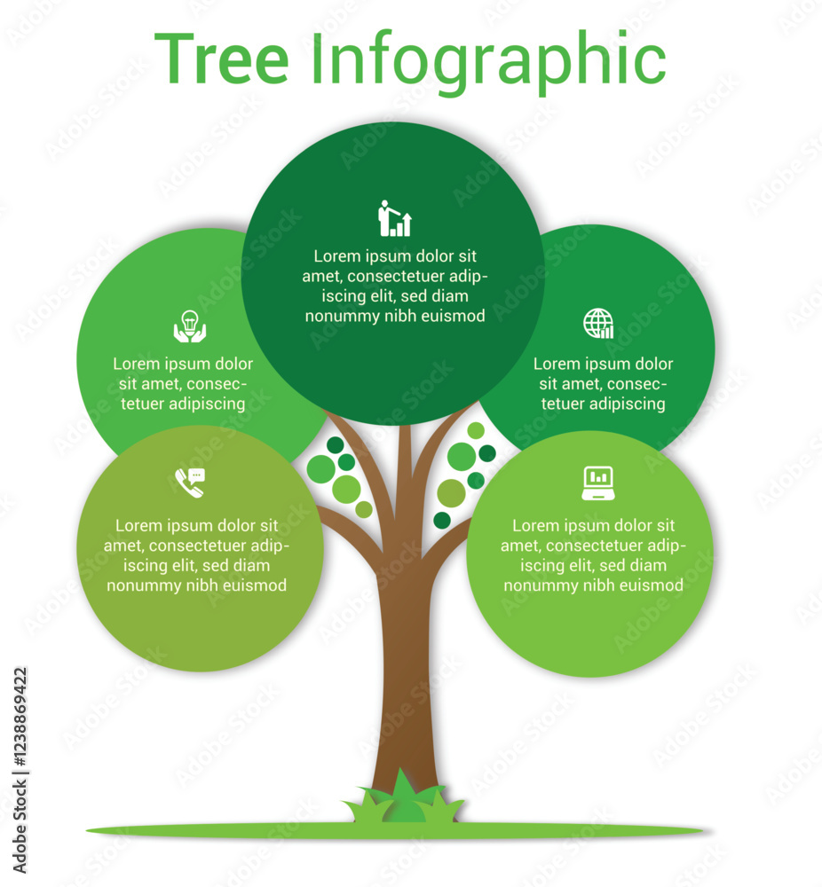 Tree Infographic Design Template With 5 Steps Modern Mindmap Diagram ...