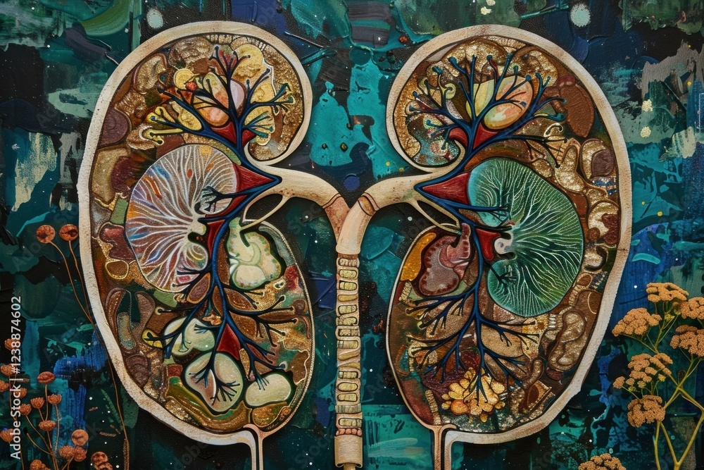 Human kidneys anatomy illustration showing nephrons, ureter, renal ...