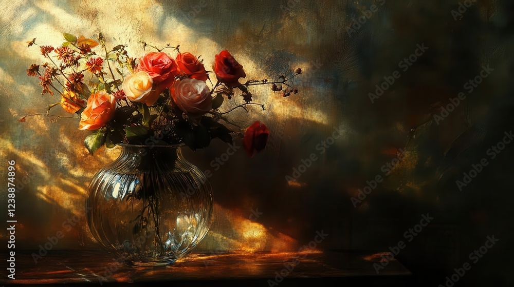 contemporary still life composition of garden roses and wildflowers in ...