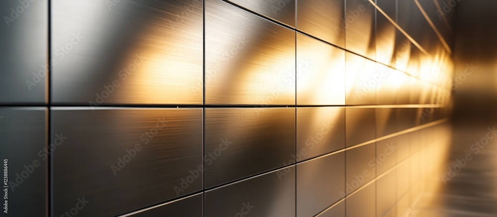 Abstract view of illuminated metallic wall tiles with reflective ...