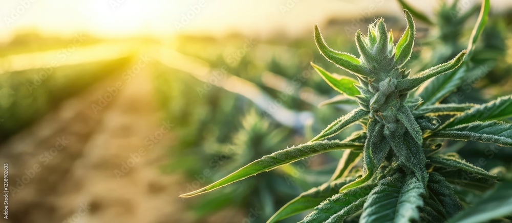 Cannabis plant growing in cultivated agricultural field at sunrise with ...