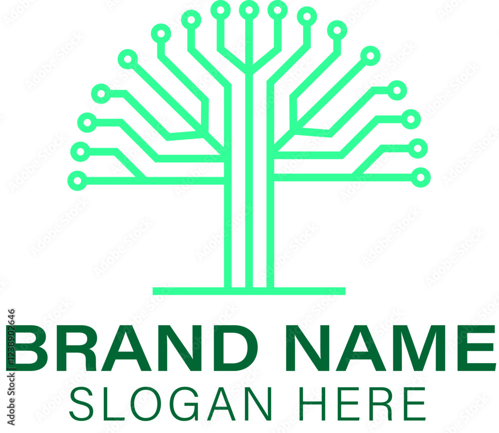 tree data digital technology network symbol. green line circuit ecology ...