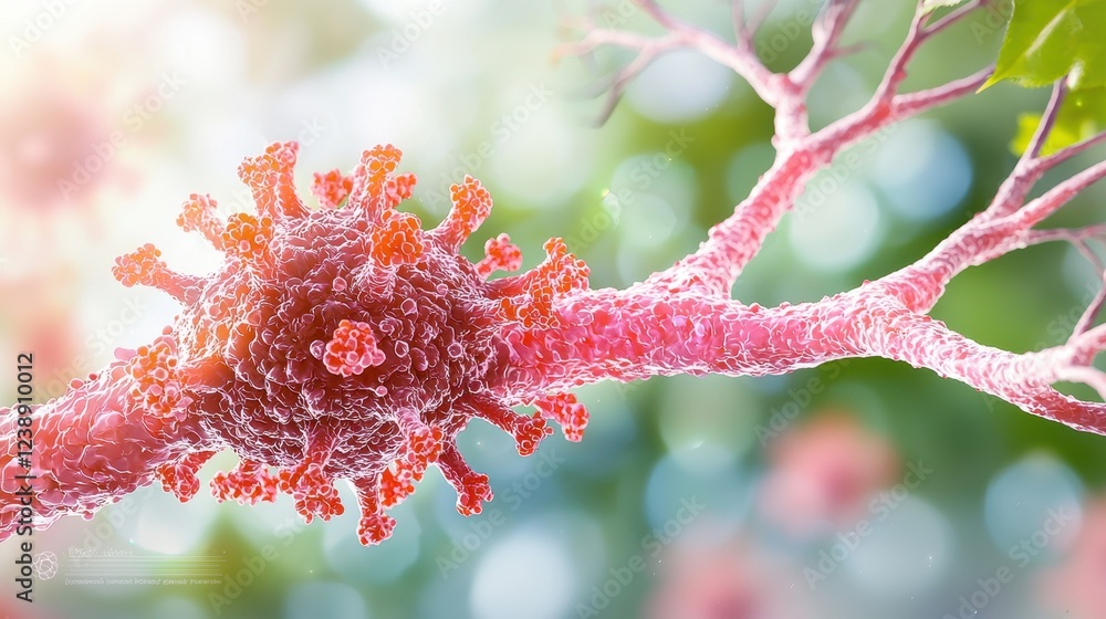 A microscopic depiction of a virus particle attaching to a cell ...