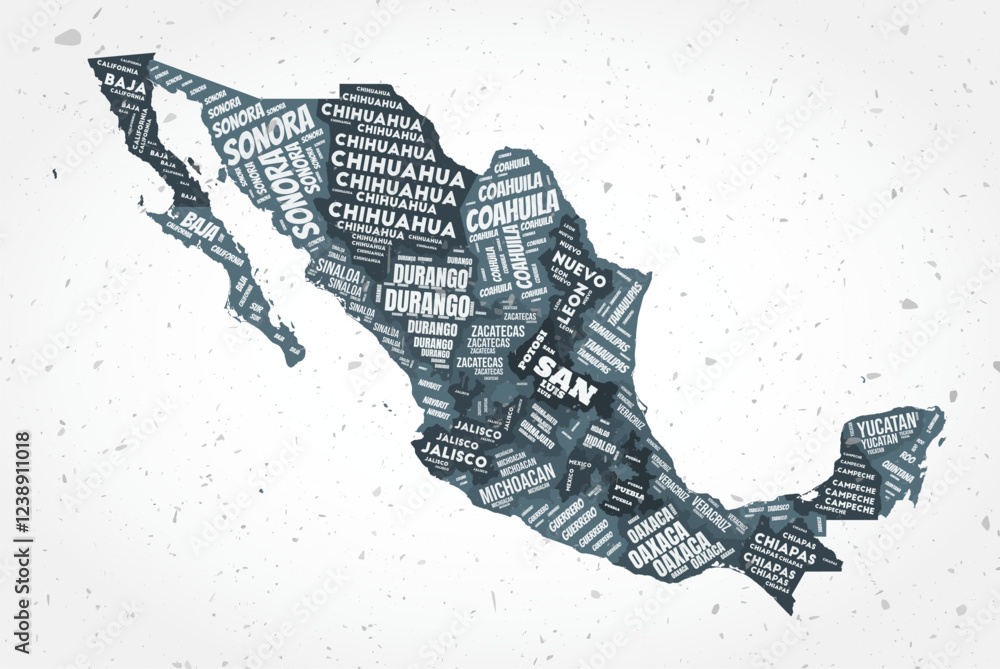 Mexico regions word clouds. Country shape on textured background ...