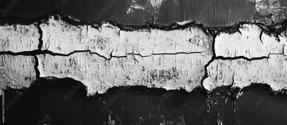 Textured cracked white paint on a black background with visible peeling ...