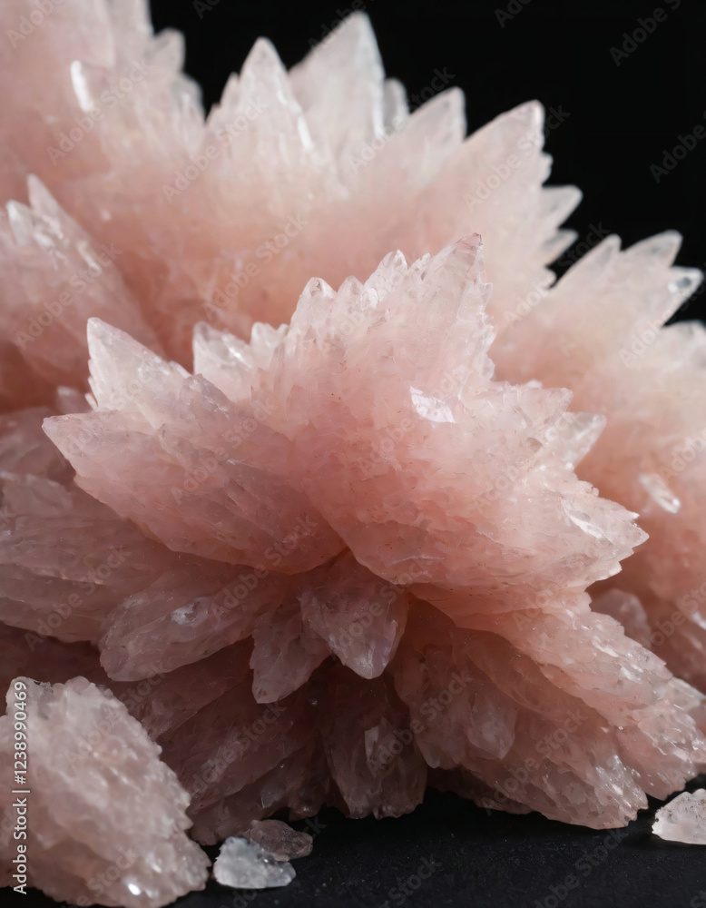 Pink salt crystals macro shot against black background, showing ...
