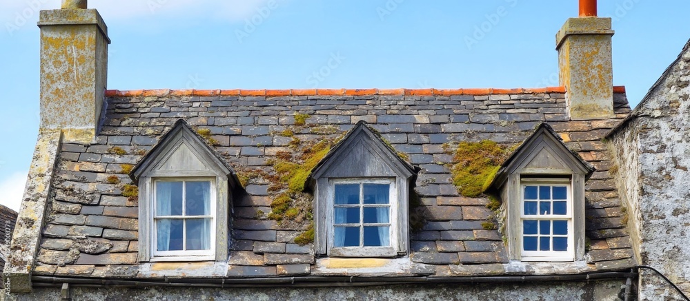 Rooftop of an old stone house with moss-covered slate tiles and three ...