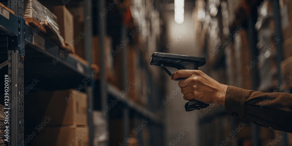 Employee scanning barcodes for inventory management warehouse digital ...